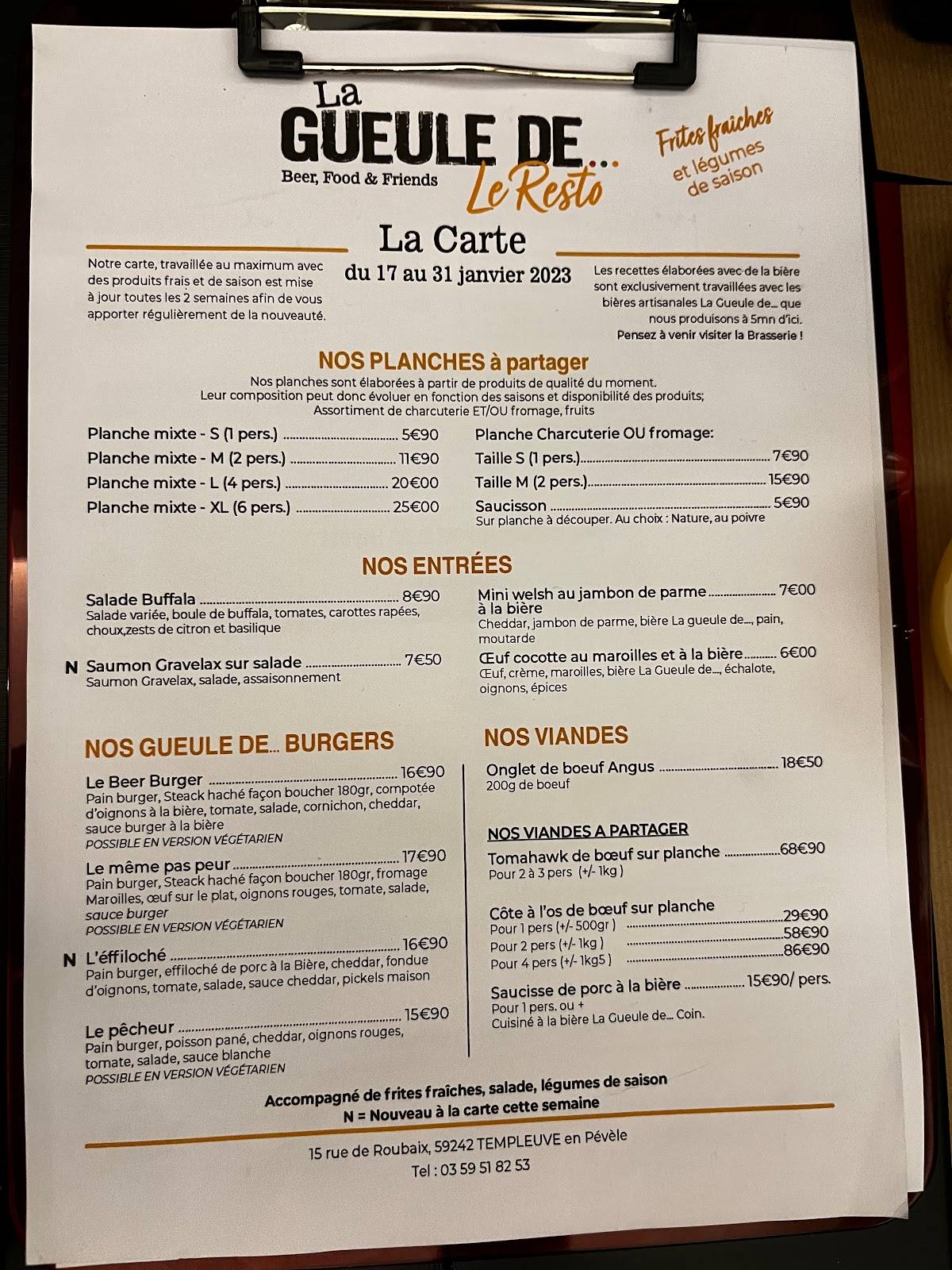 Menu au La Gueule de... Le Resto restaurant, Templeuve