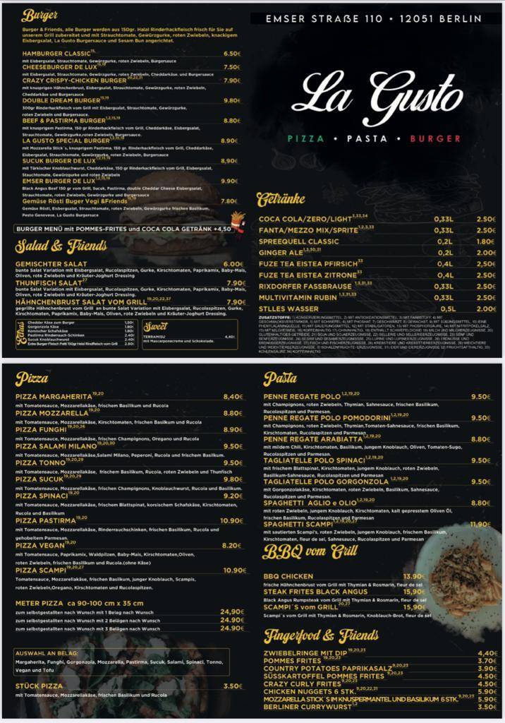 Menu at La Gusto Berlin pizzeria, Berlin