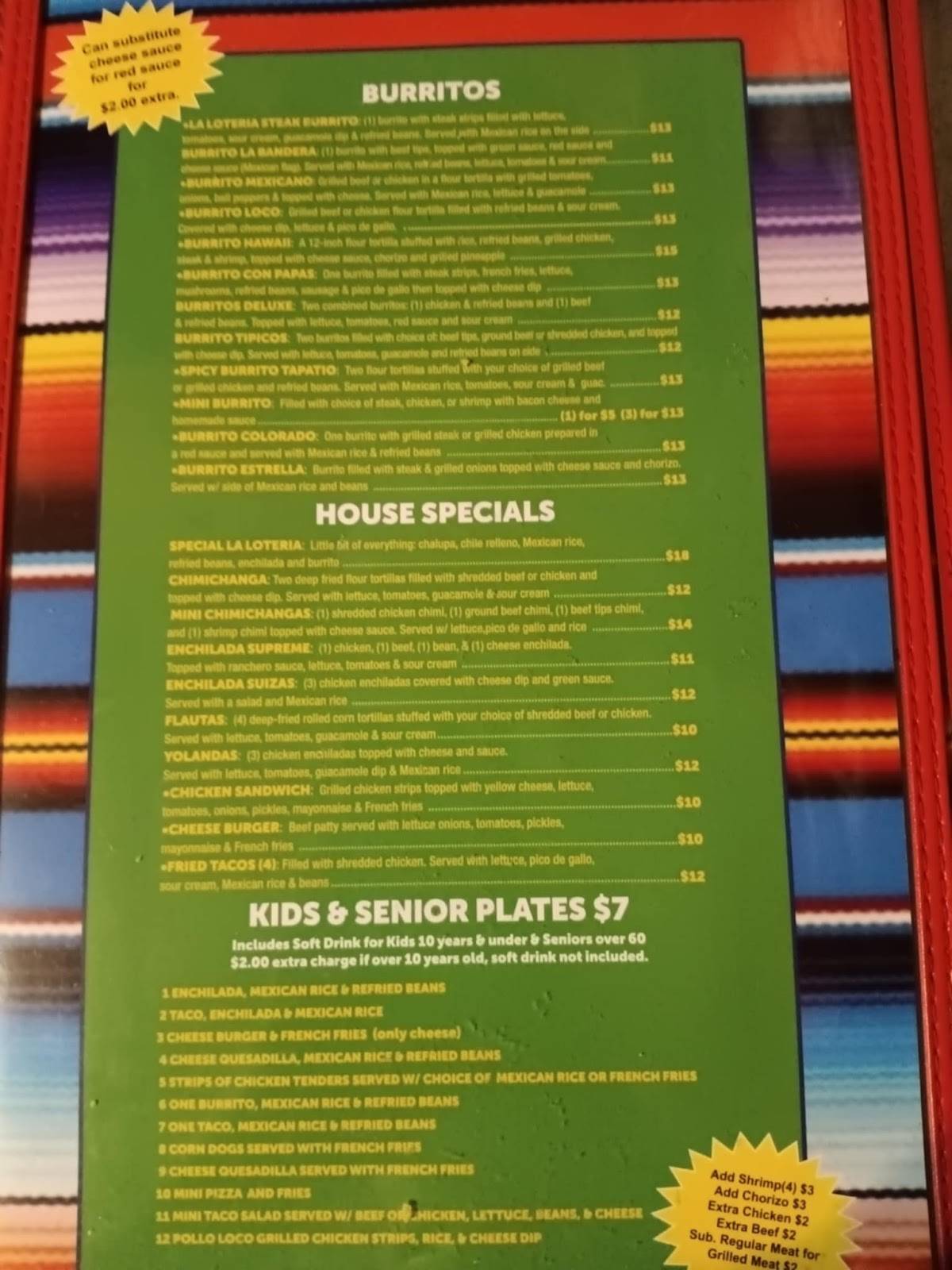 Menu at La Loteria restaurant, Tellico Plains