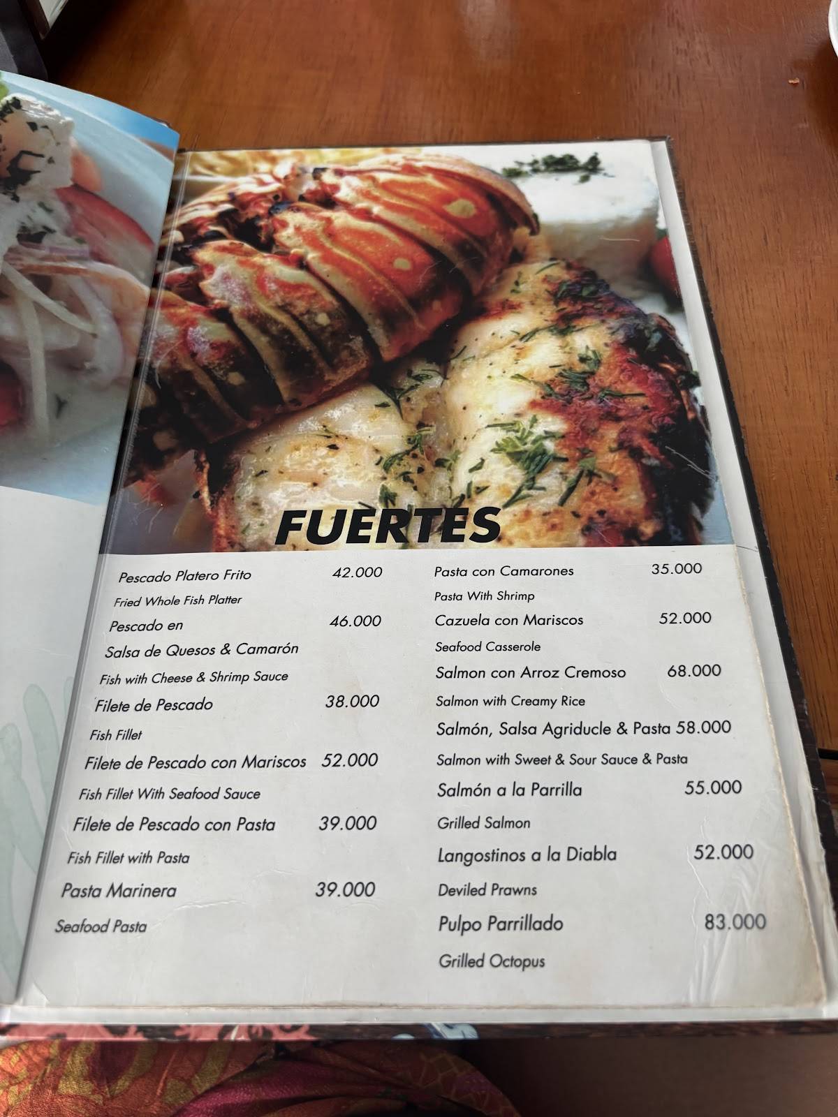 Carta de La Marina Restaurante, San Andrés