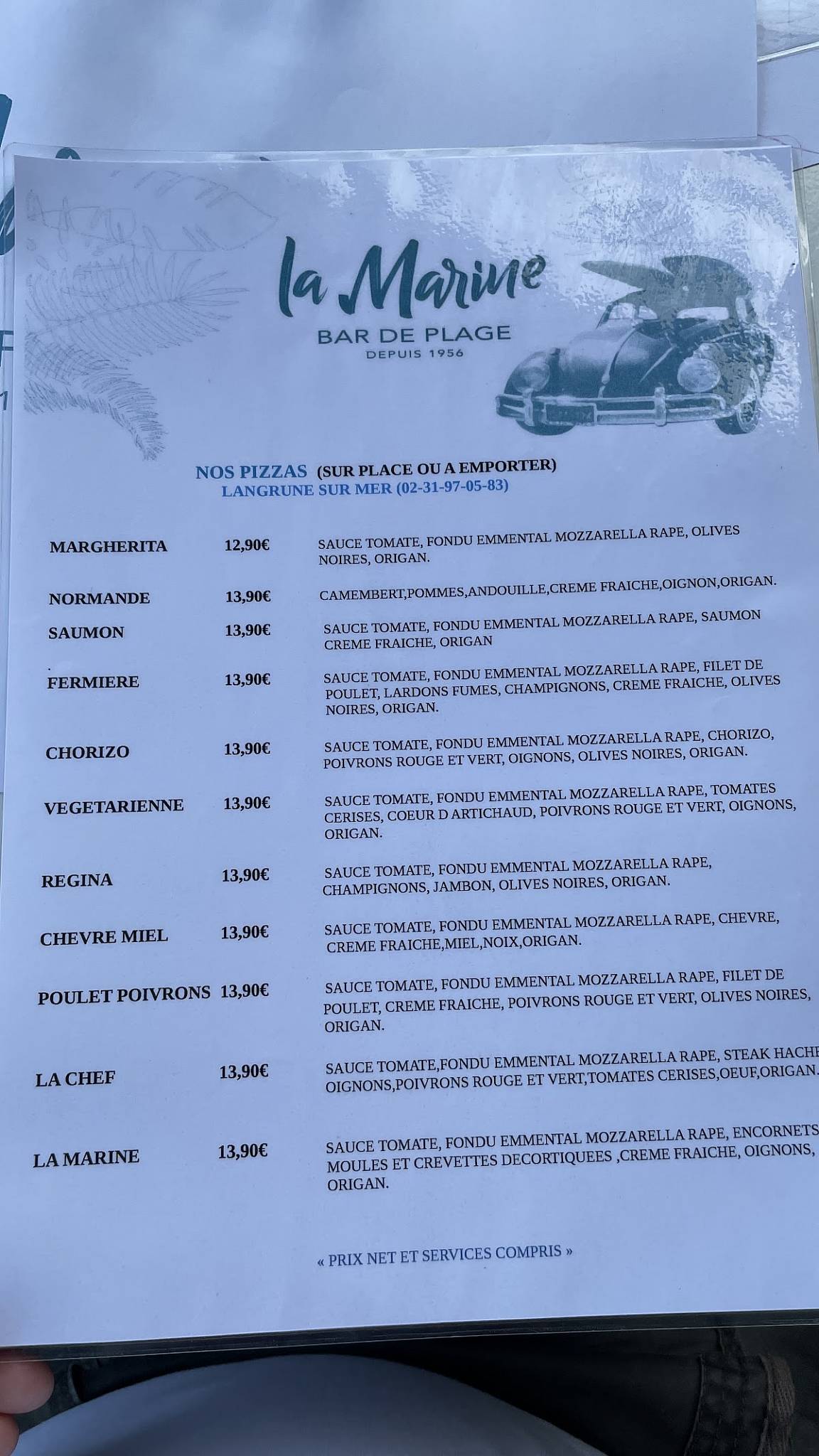 Menu au La Marine restaurant, Langrune-sur-Mer