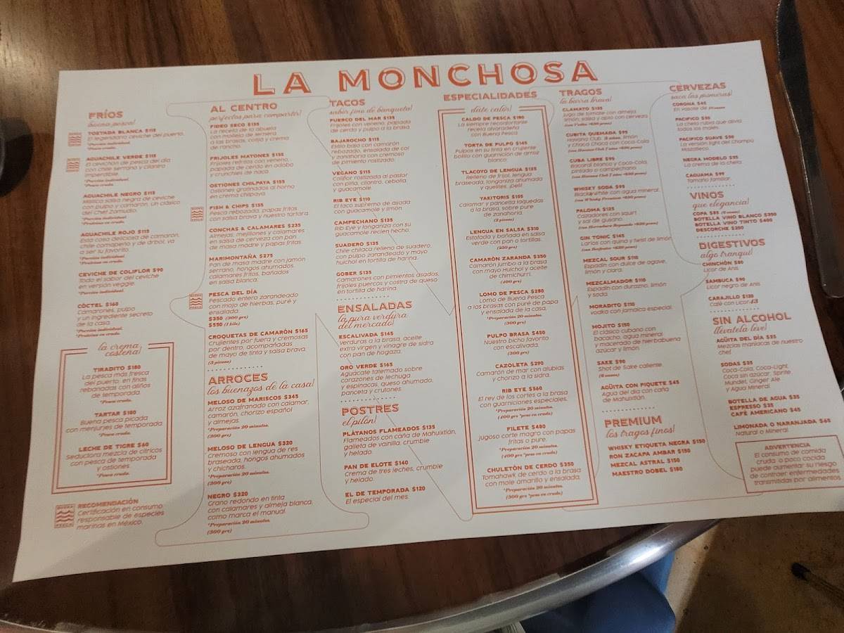 Carta del restaurante La Monchosa, Veracruz