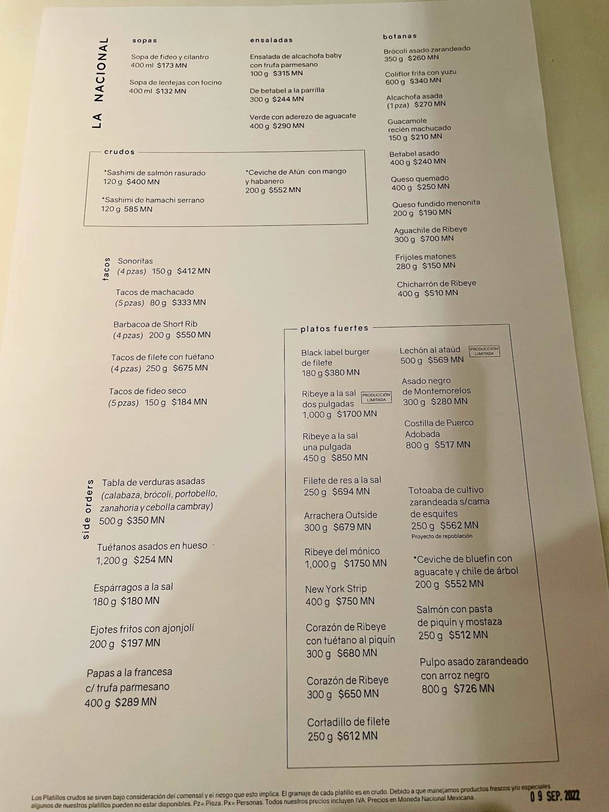 Carta del restaurante La Nacional, Monterrey, Avenida San Jeronimo #1106