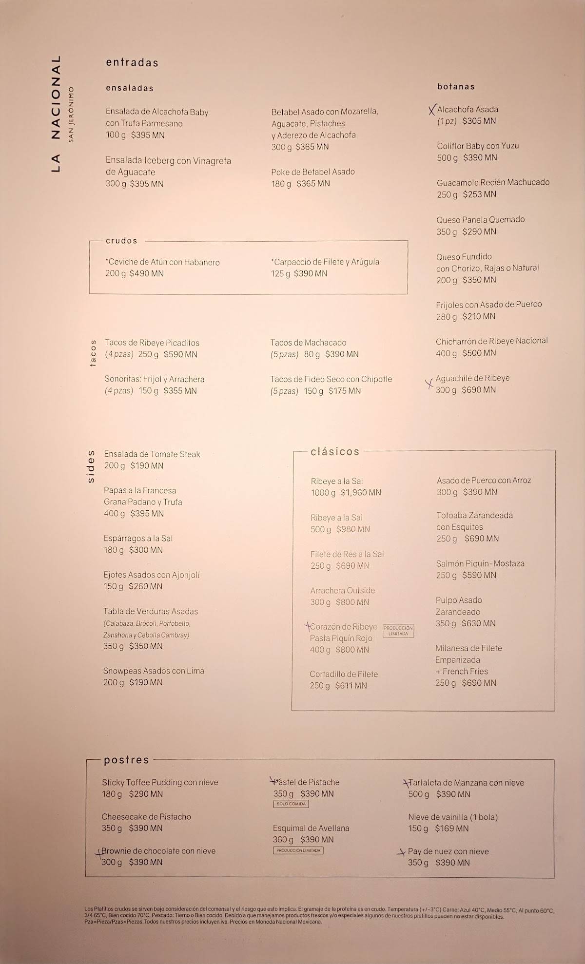 Carta del restaurante La Nacional, Monterrey, Avenida San Jeronimo #1106