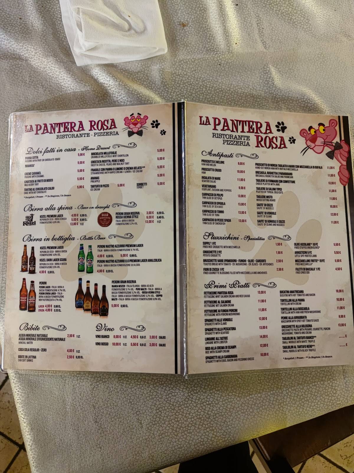 Menu da La Pantera Rosa ristorante, Roma, Piazzale del Verano