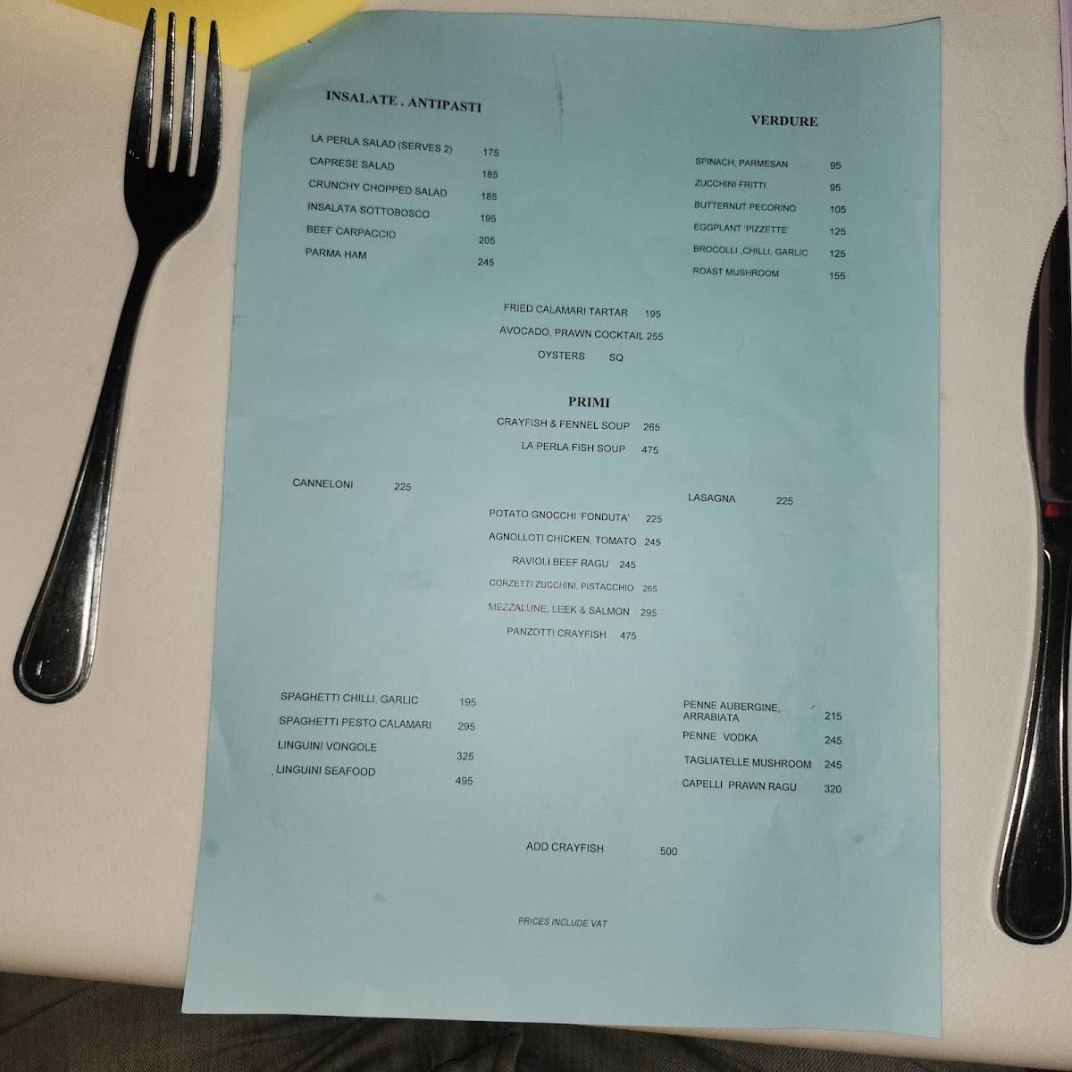 Menu at La Perla Restaurant Cape Town, Cape Town