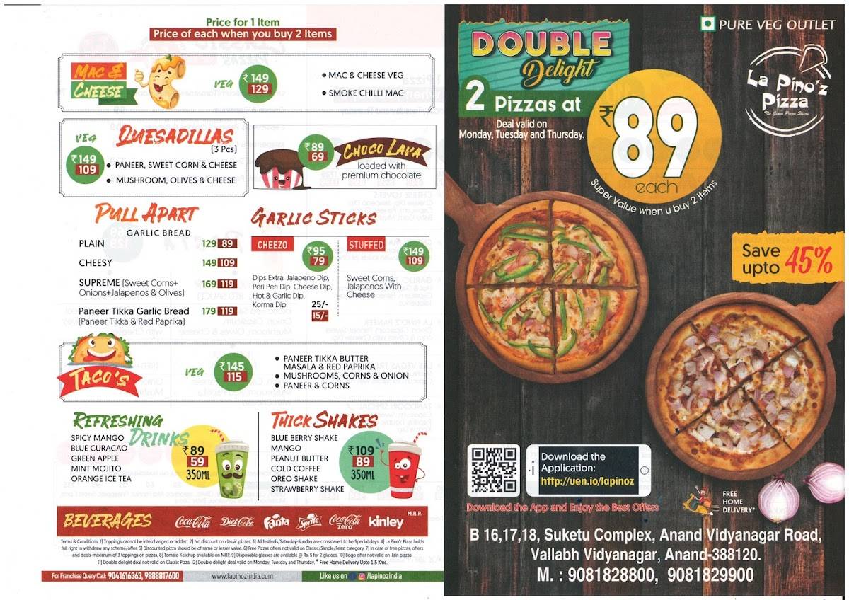 Menu at La Pino’z Pizza, A V Road, Anand