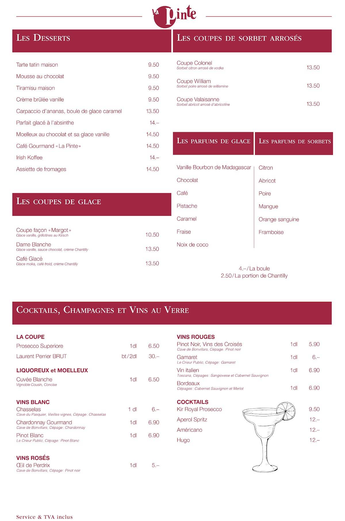 Menu au La Pinte, Yverdon-les-Bains
