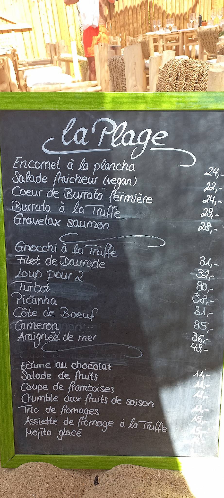 Carta del restaurante La Plage, Cavalaire-sur-Mer