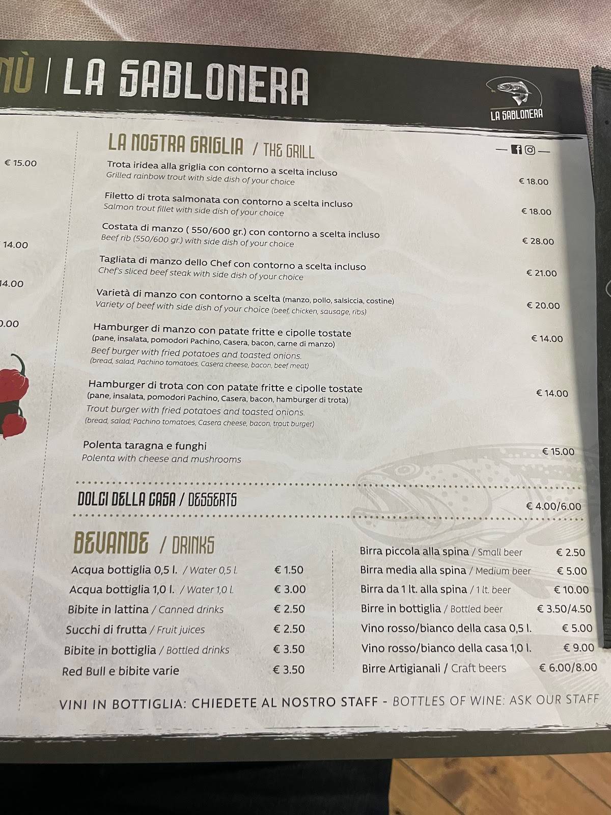 Menu da La Sablonera bar Ristorante-pesca sportiva, Bormio