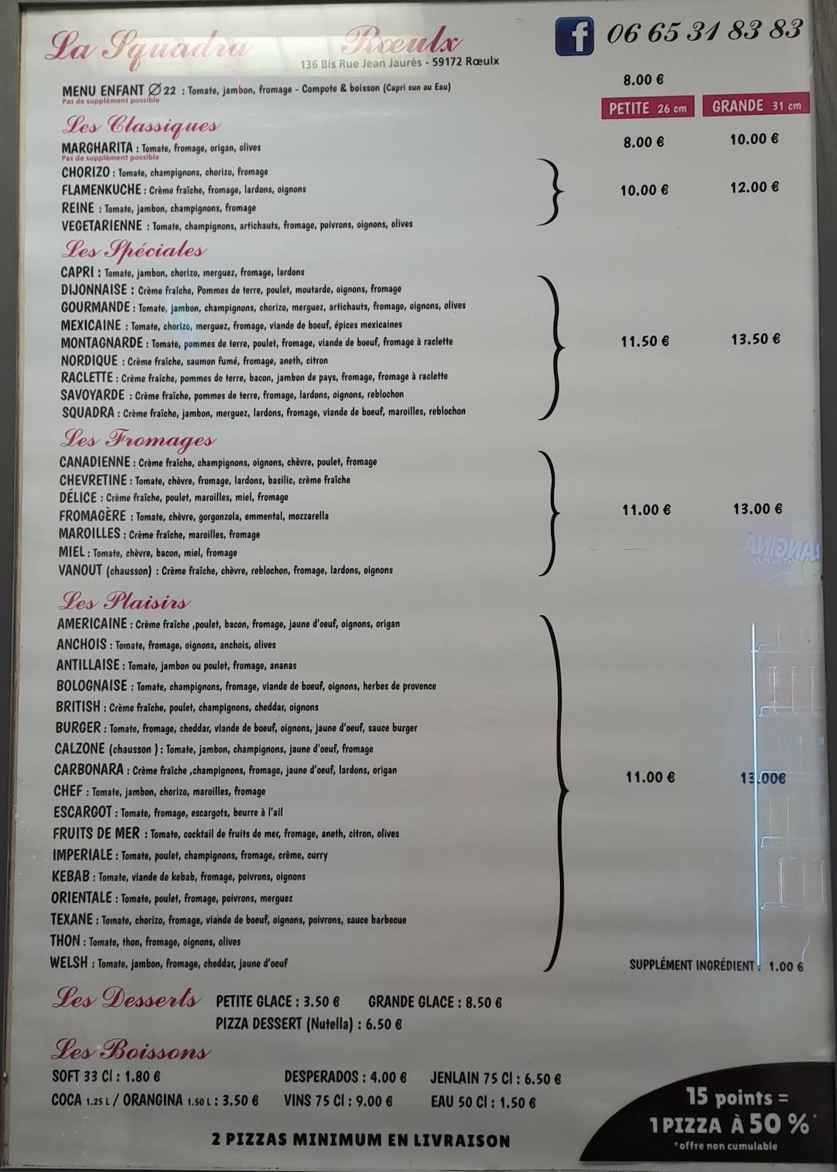 Menu au La Squadra Pizzeria, Rœulx