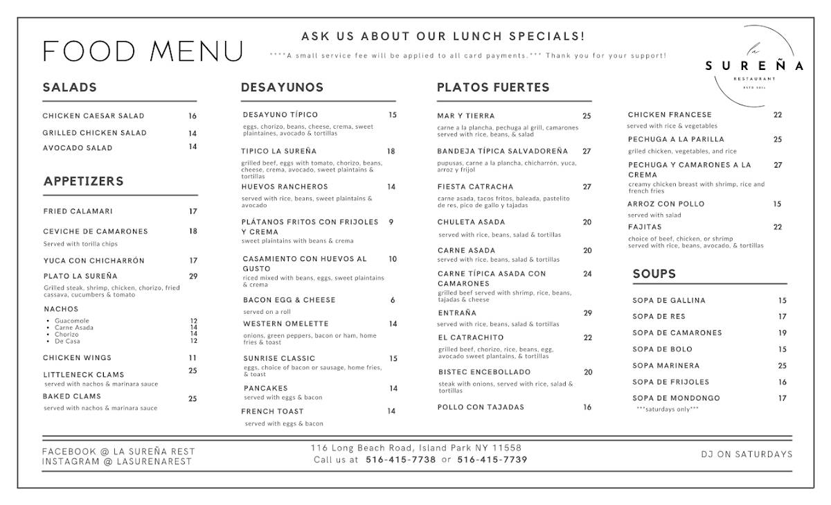 Carta de La Sureña Restaurant, Island Park