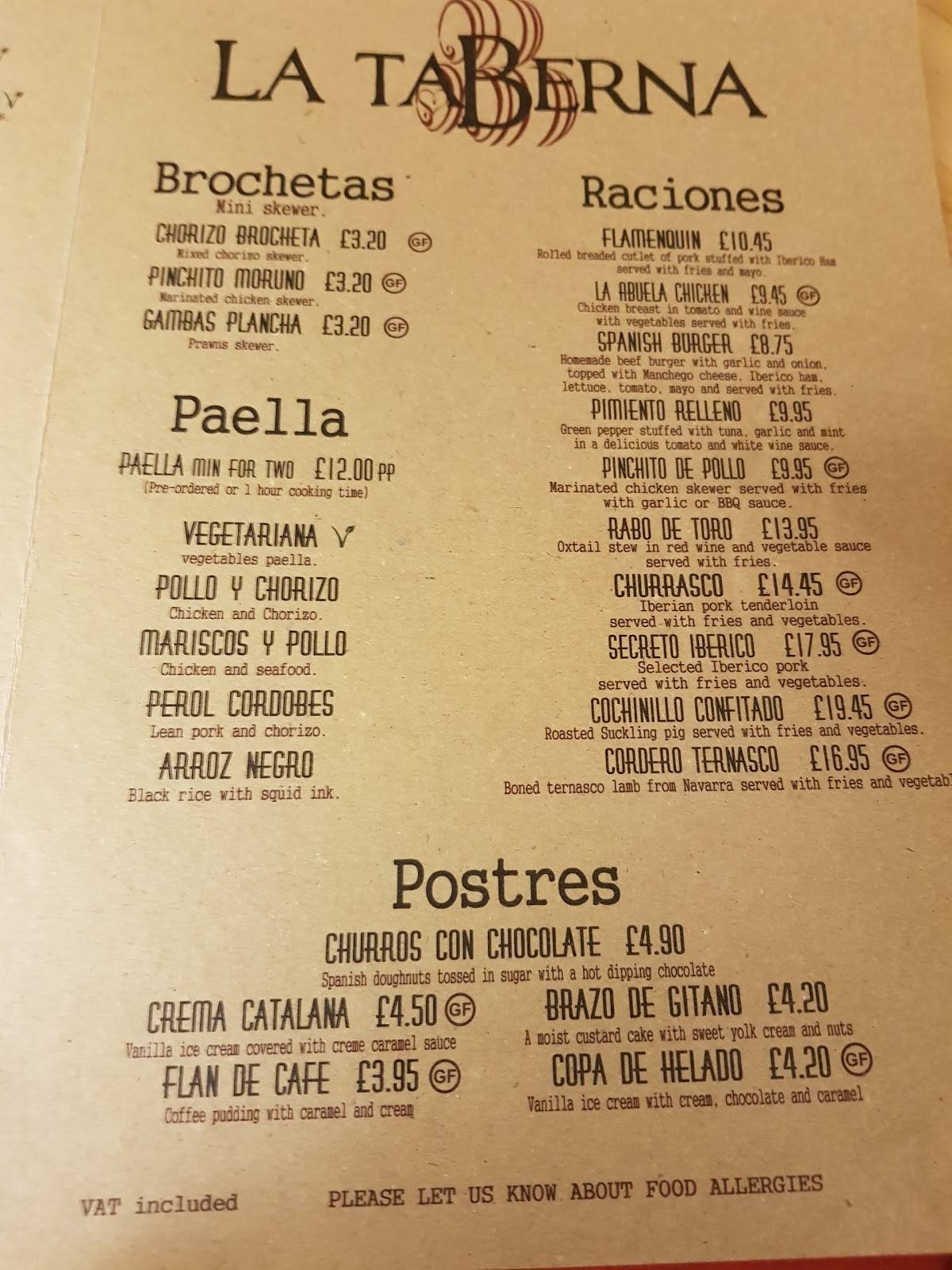 Menu at La Taberna restaurant, Maidstone