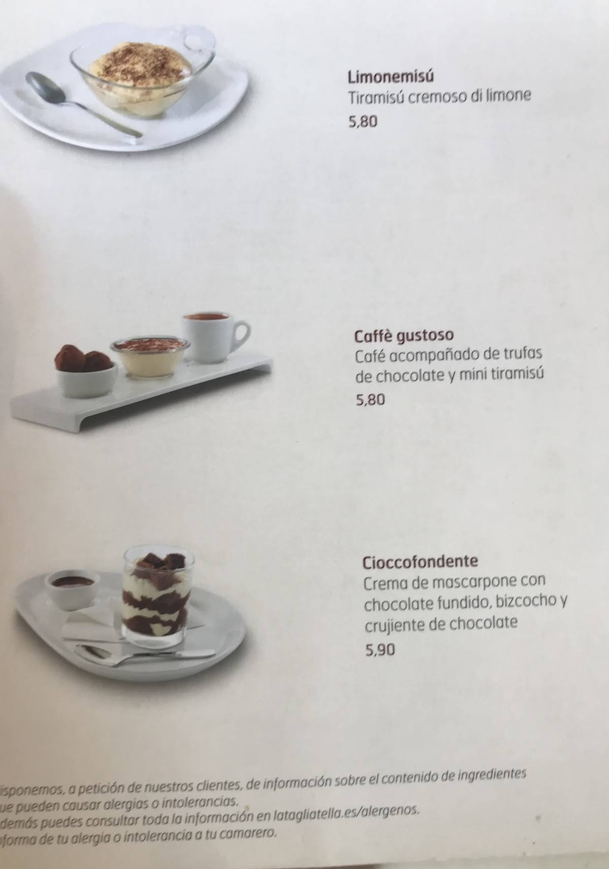 Carta de Restaurante La Tagliatella, Majadahonda, calle de los biólogos