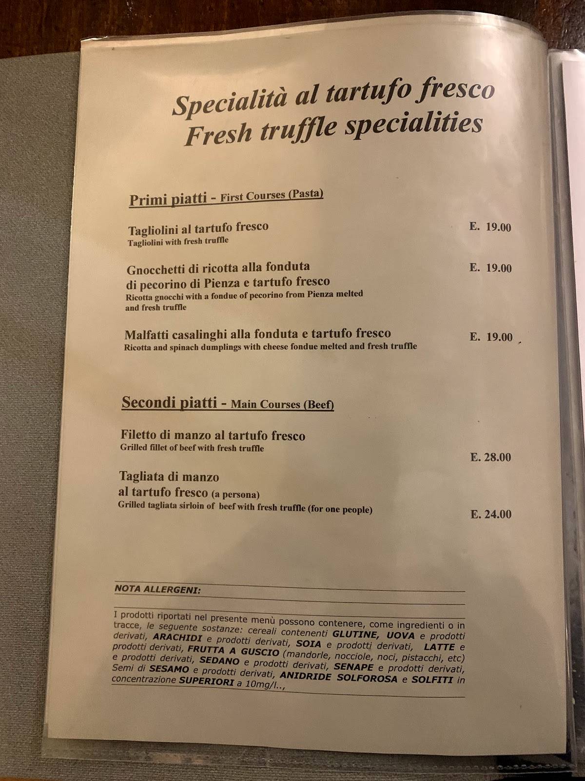 Menu at La Taverna di San Giuseppe restaurant, Siena