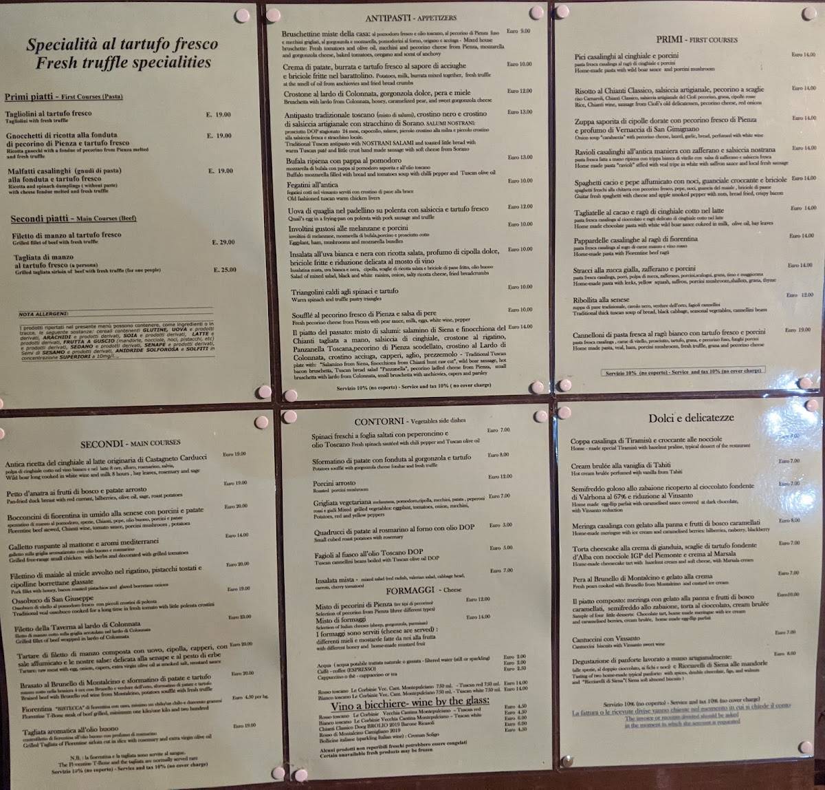 Menu at La Taverna di San Giuseppe restaurant, Siena