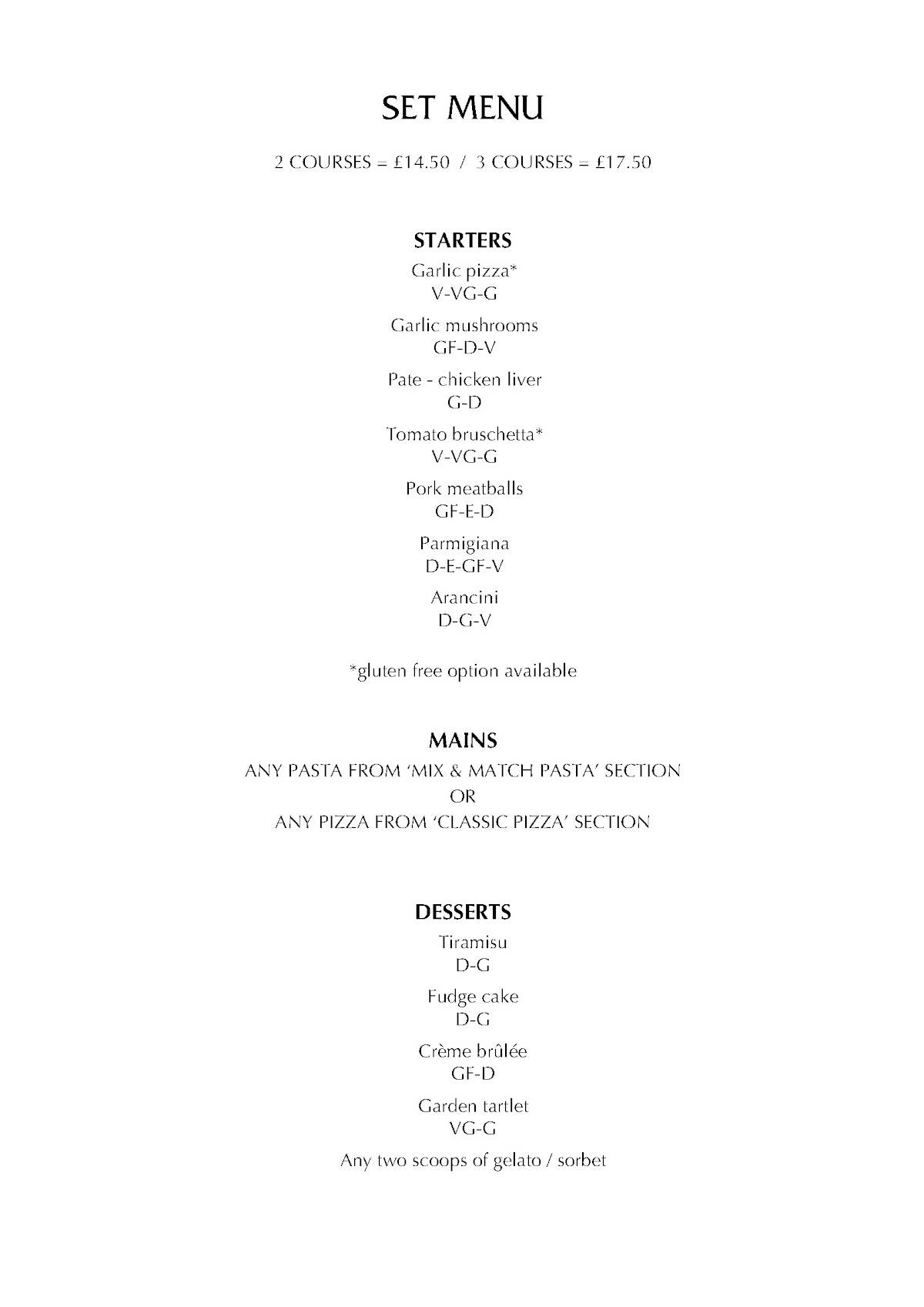 Menu at La Tavernetta restaurant, Ingleton