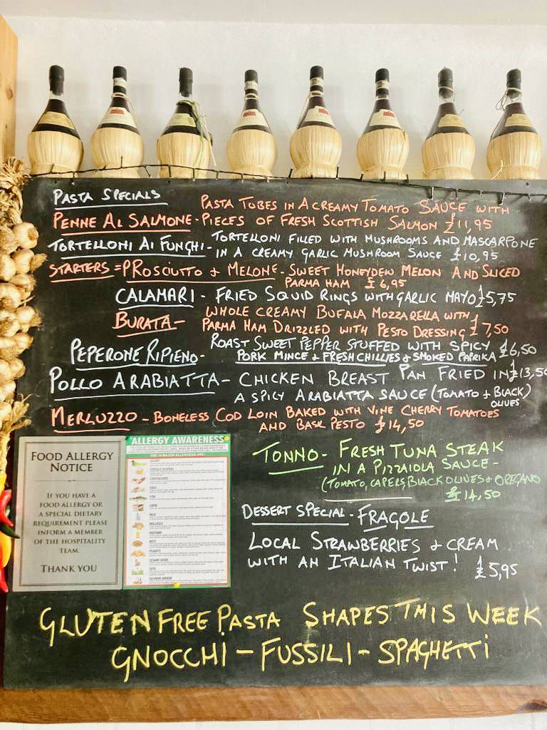 Menu at La Tavernetta restaurant, Ingleton