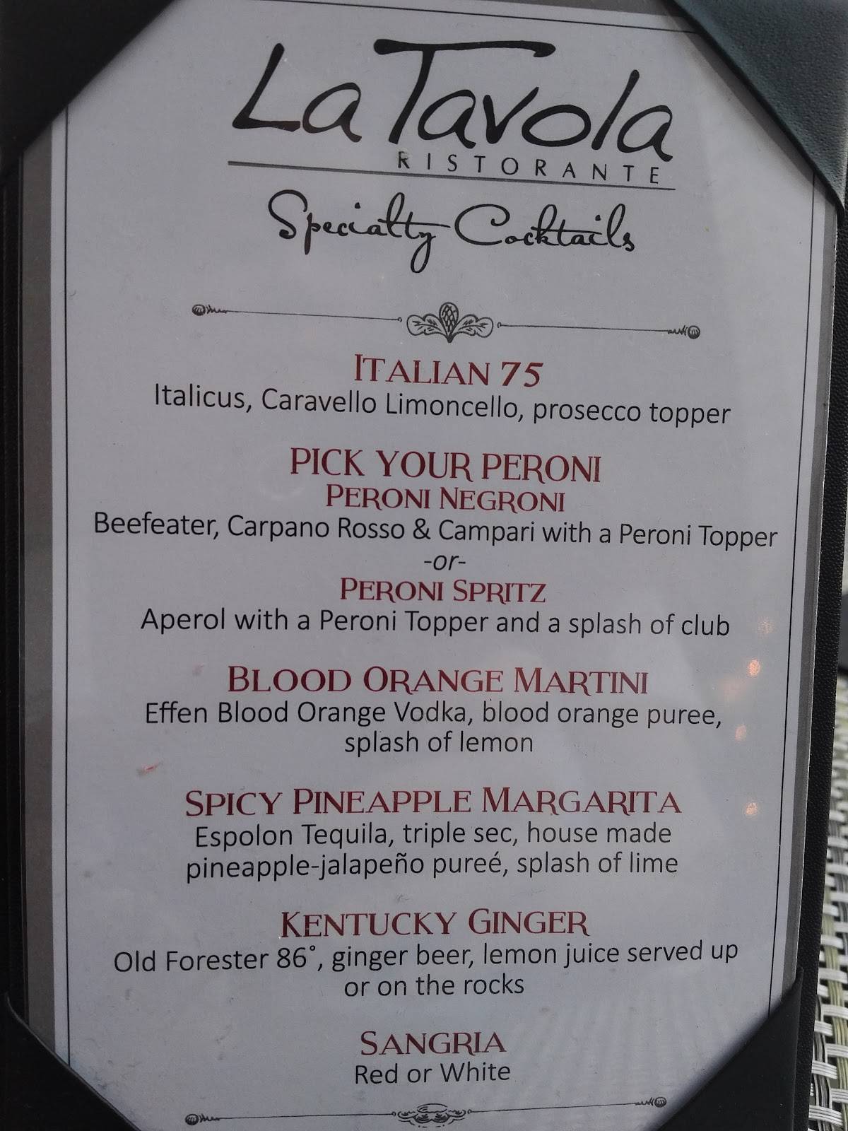 Menu at La Tavola restaurant, Waterbury