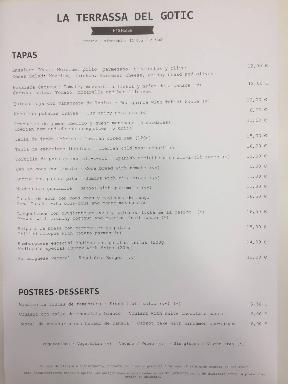Menu at La Terrassa del Gòtic pub & bar, Barcelona