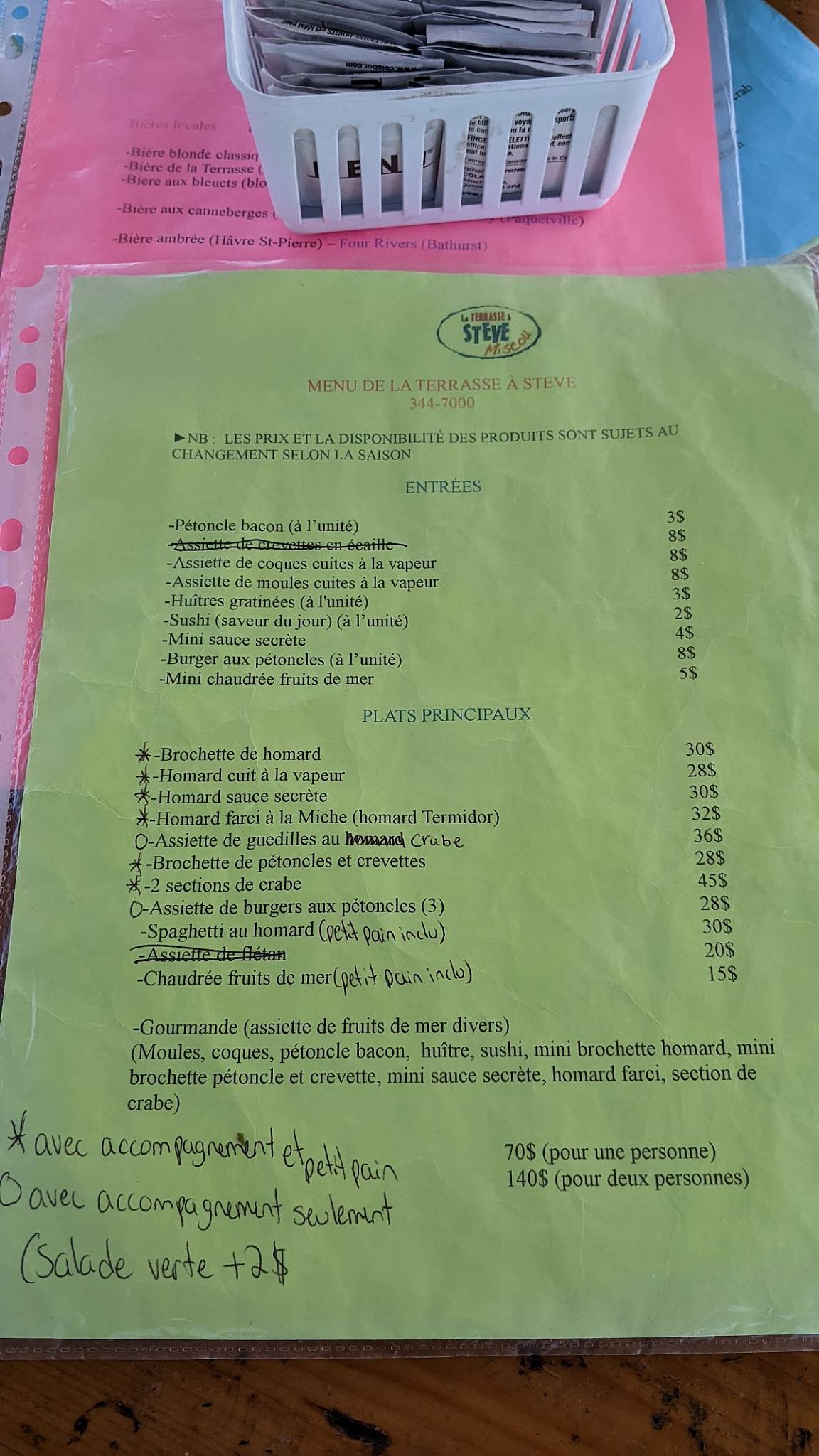 Menu at La Terrasse à Steve restaurant, Canada, New Brunswick 113