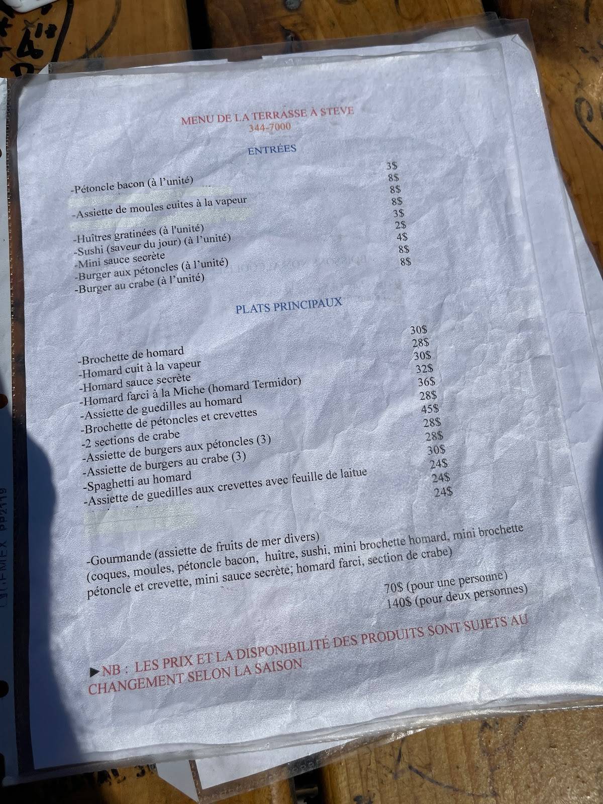 Menu at La Terrasse à Steve restaurant, Canada, New Brunswick 113