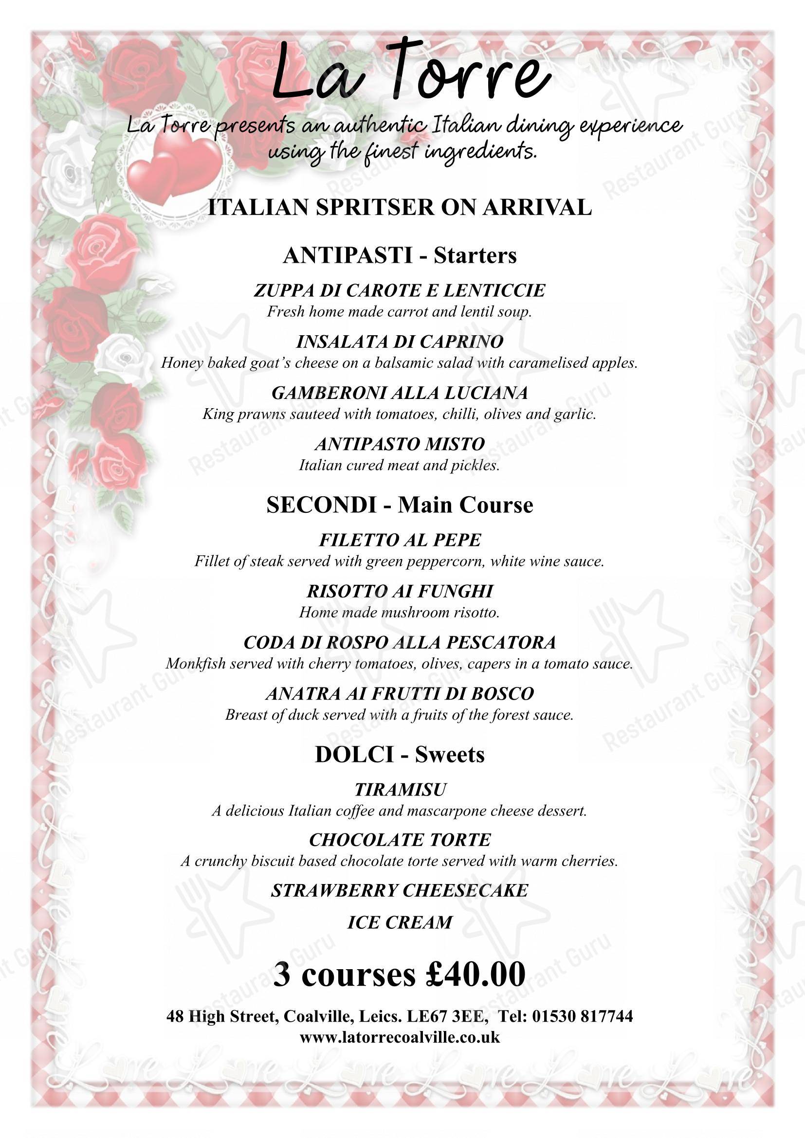 Menu at La Torre restaurant, Coalville