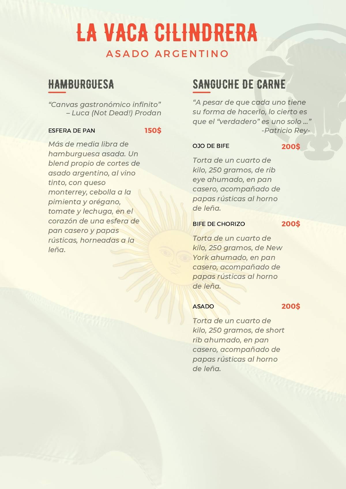 Carta del restaurante La Vaca Cilindrera, Juriquilla
