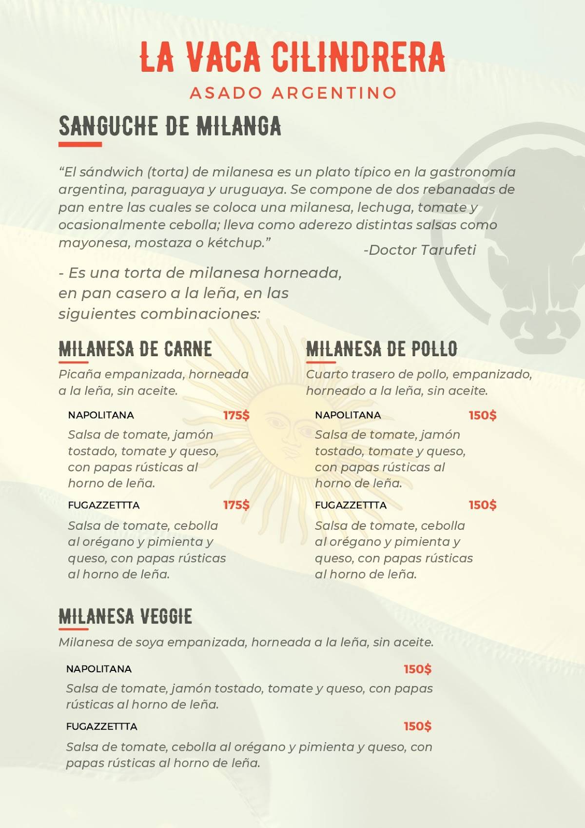 Carta del restaurante La Vaca Cilindrera, Juriquilla