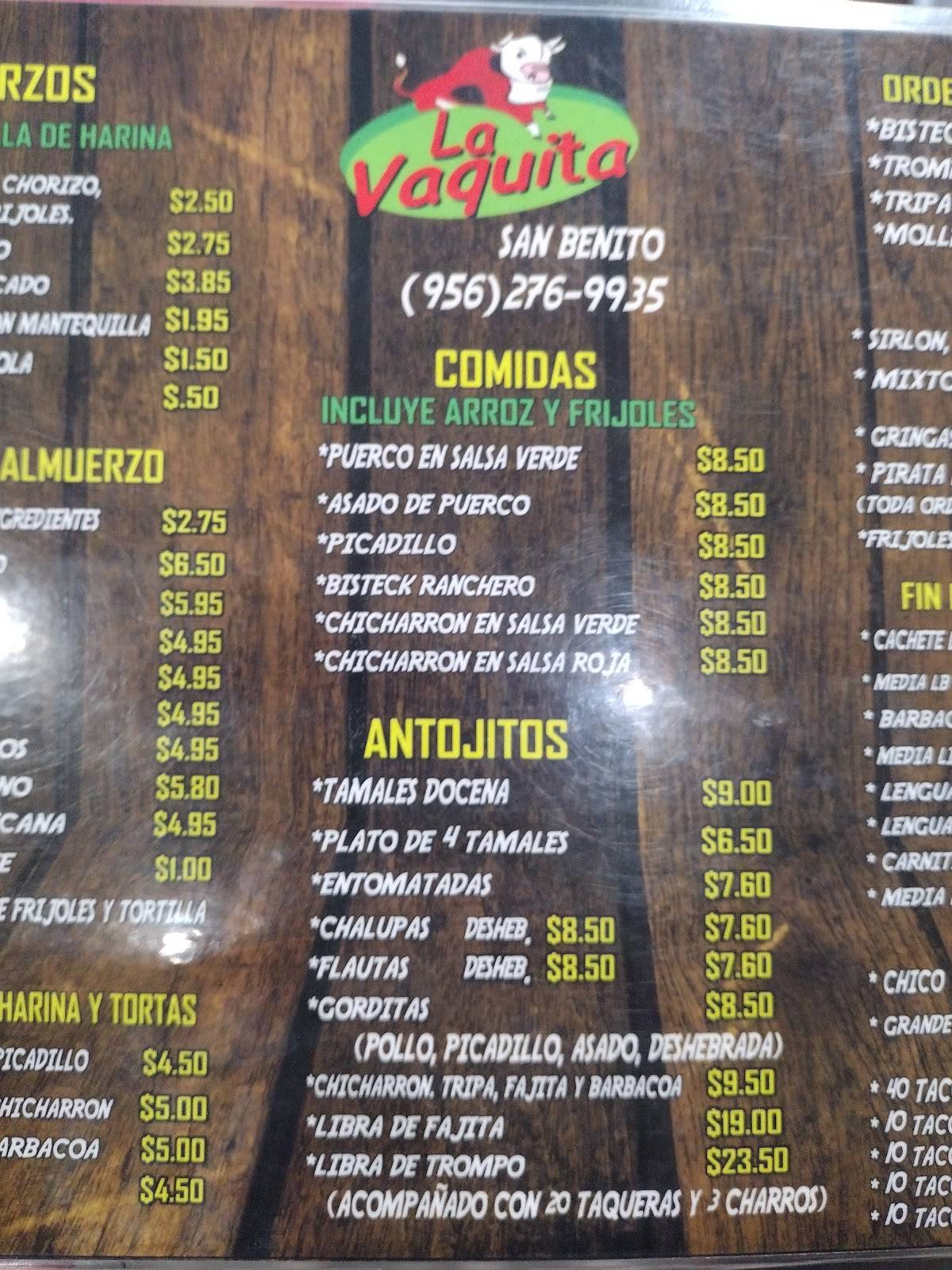 Menu at La Vaquita #1 San Benito restaurant, San Benito