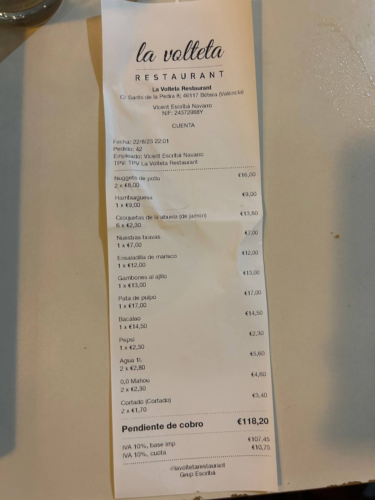 Carta de La Volteta Restaurant, Bétera
