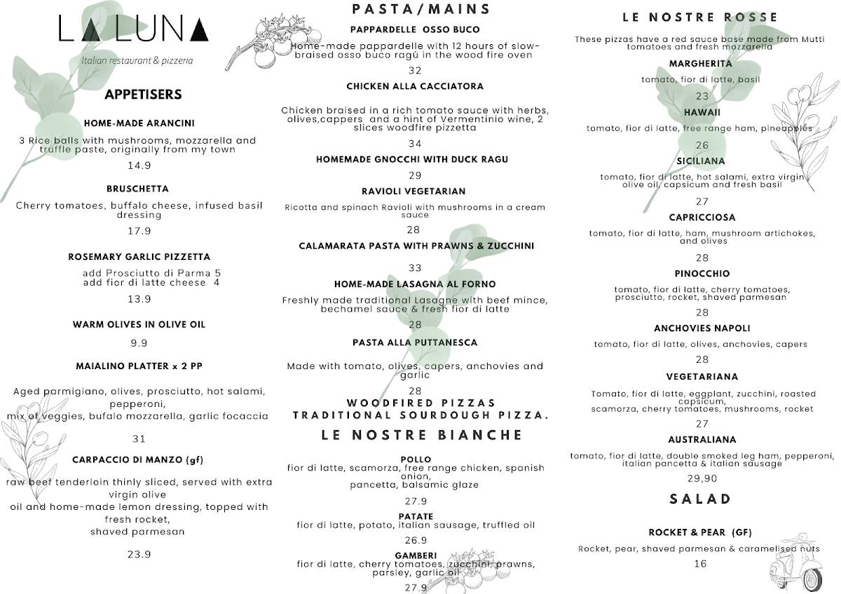 Menu at La luna italian restaurant & pizzeria, Ormiston