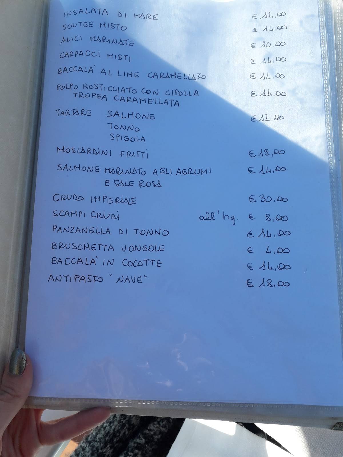 Menu da La nave ristorante, Fregene, Lungomare di Levante
