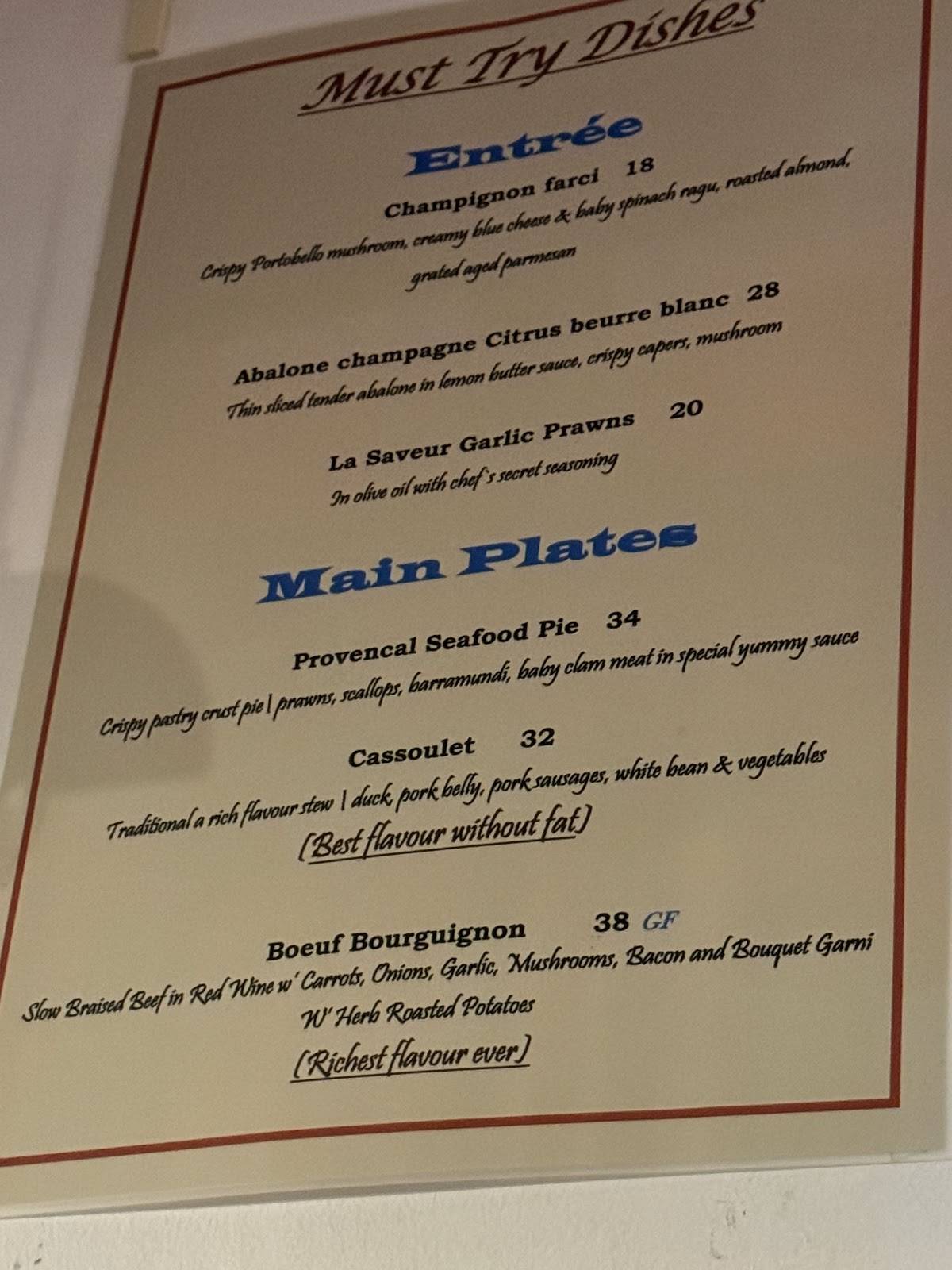 Menu at La saveur French Restaurant, Balmain