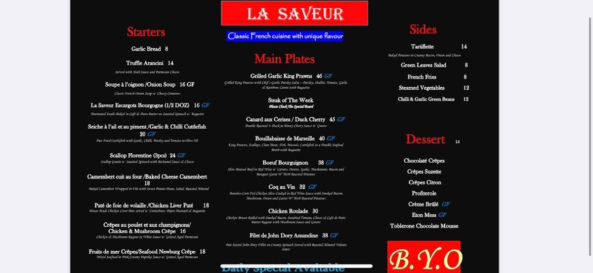 Menu at La saveur French Restaurant, Balmain