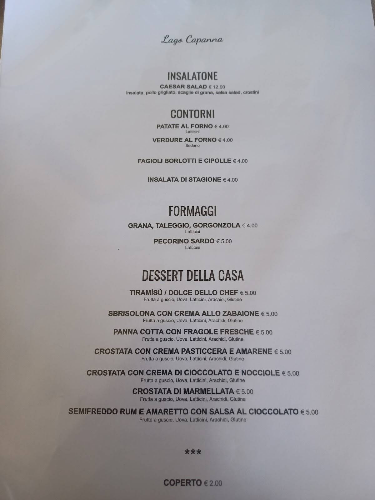 Menu at Lago Capanna restaurant, Cusago, Loc. Cava Manara