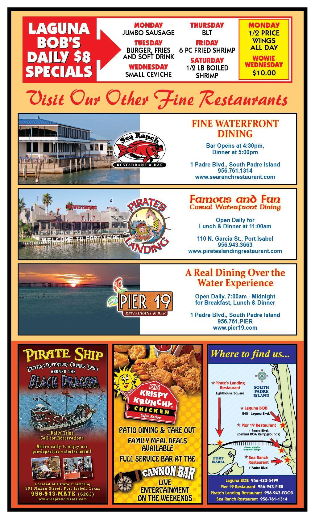 Menu at Laguna BOB pub & bar, South Padre Island, Laguna Blvd