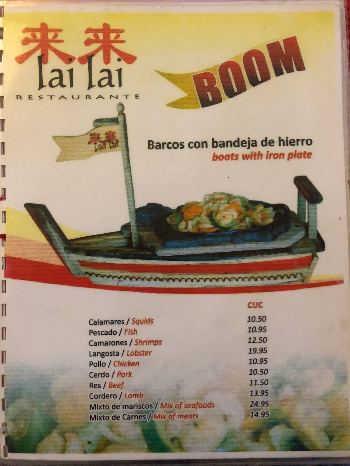 Menu at Lai Lai restaurant, Varadero