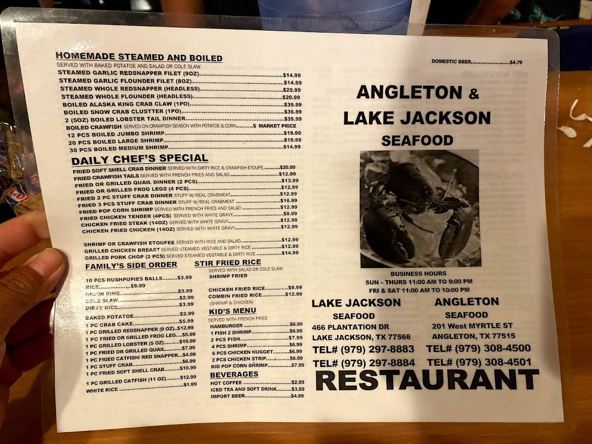 Menu at Lake Jackson Seafood restaurant, Lake Jackson, 466 Plantation Dr