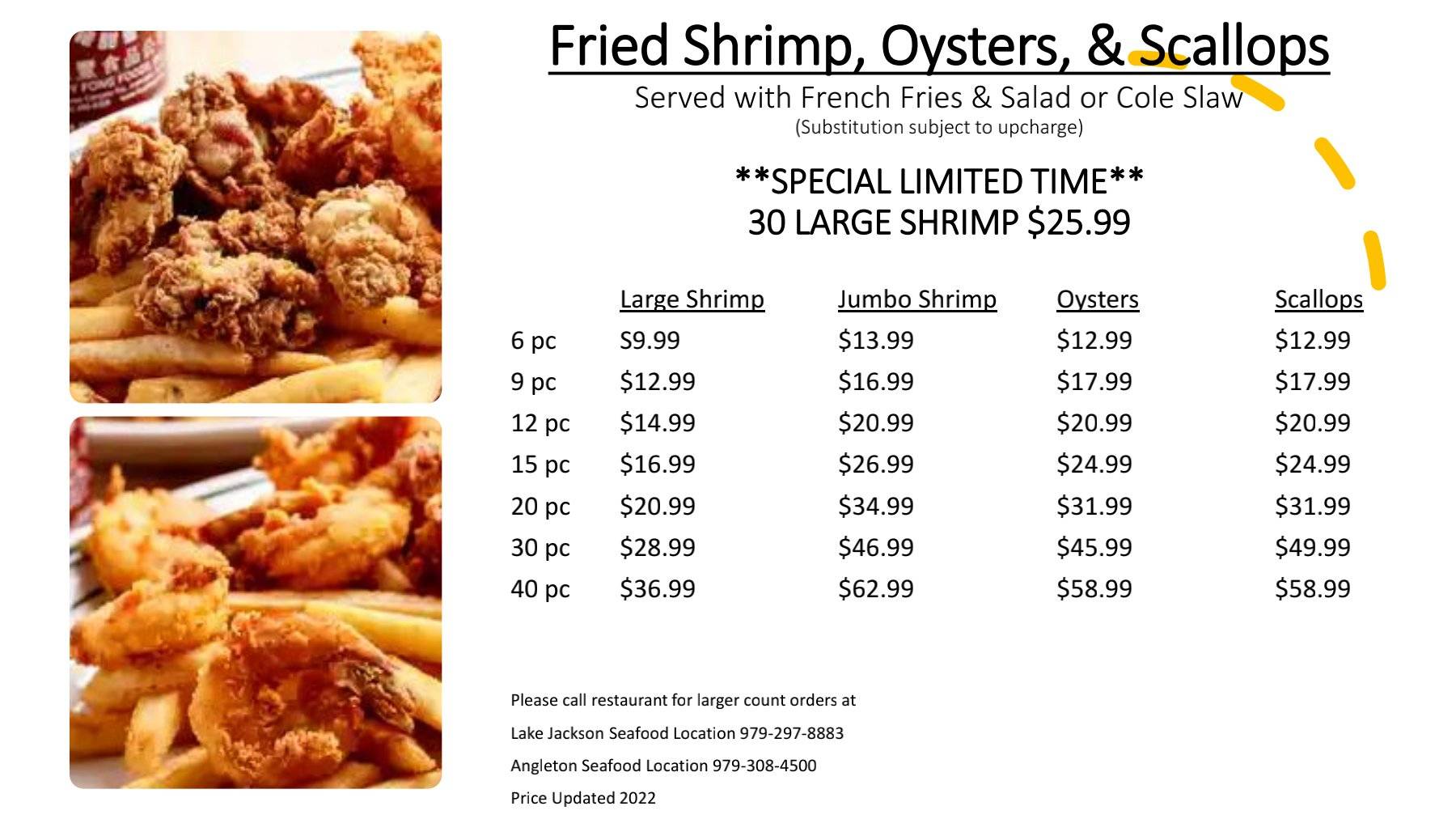 Menu at Lake Jackson Seafood restaurant, Lake Jackson, 466 Plantation Dr