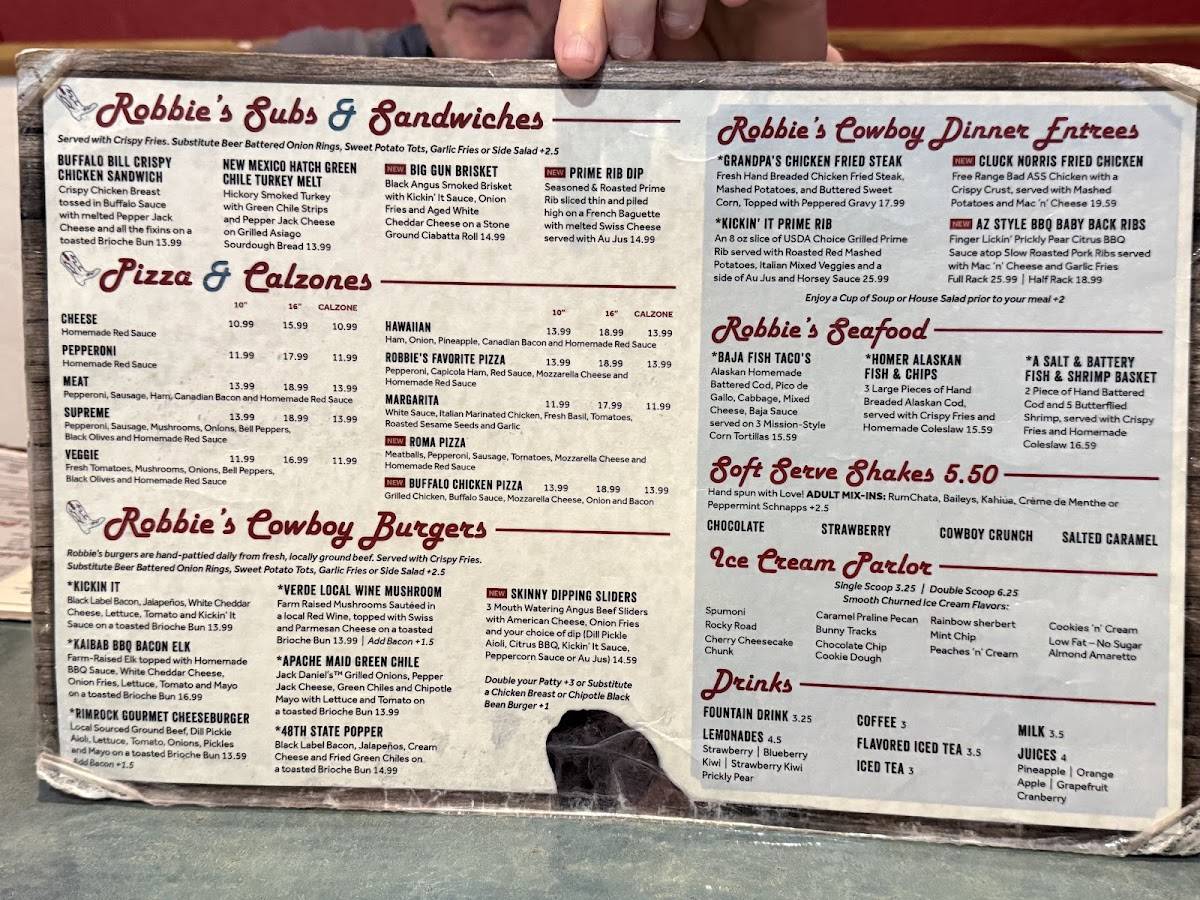 Menu at Robbie's pizzeria, Lake Montezuma