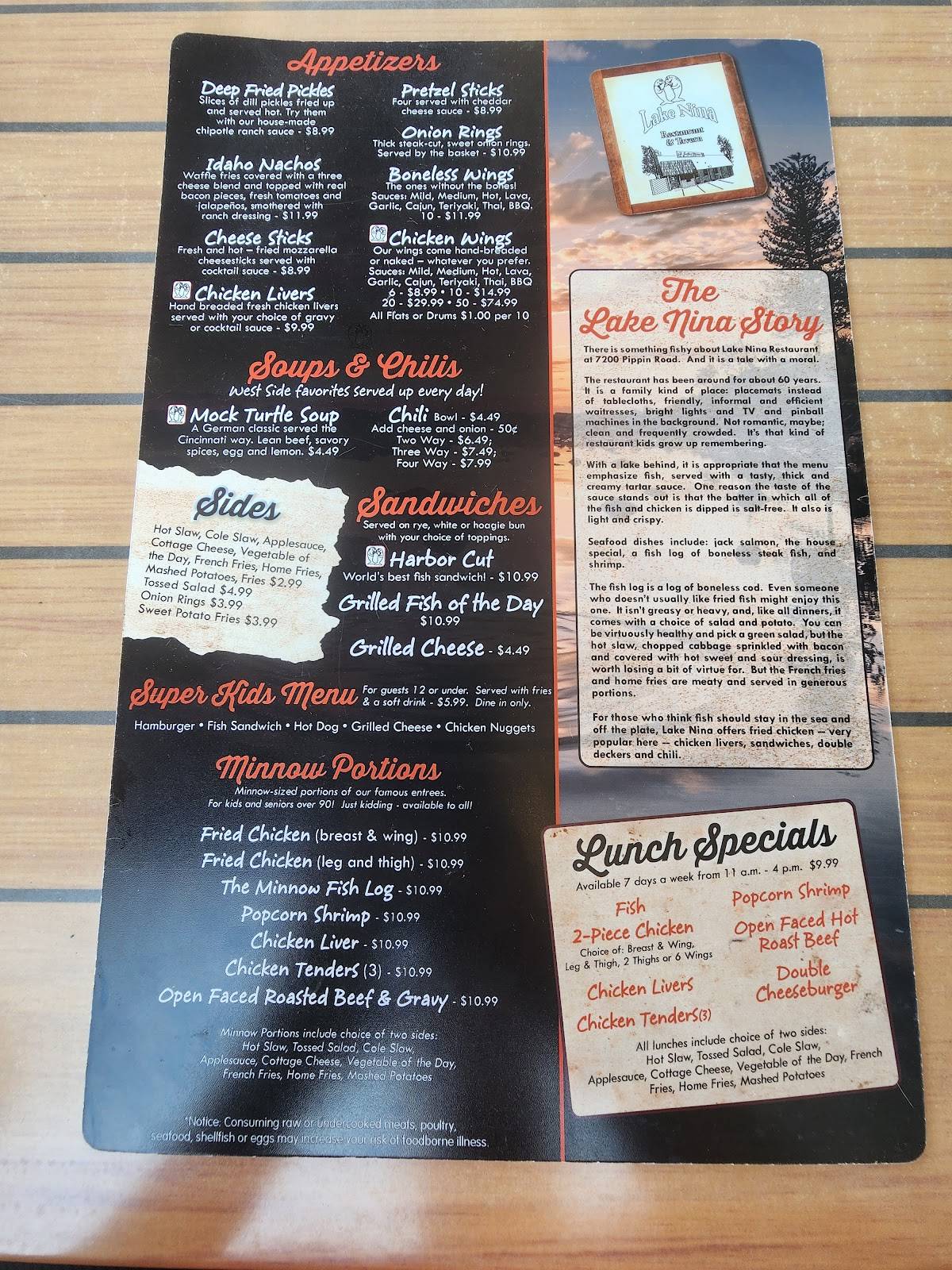 Menu at Lake Nina Restaurant, Cincinnati