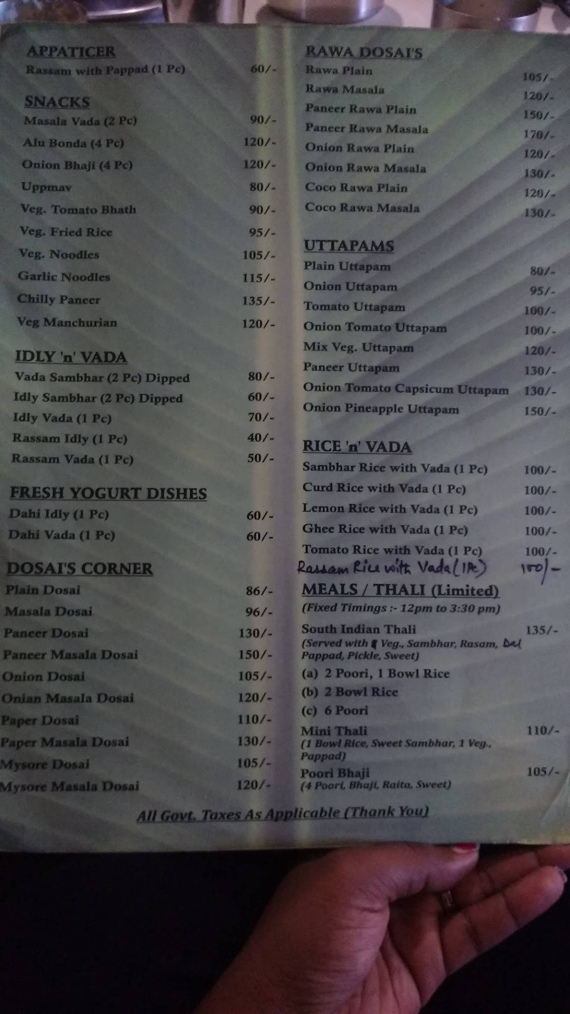 Menu at Lakshmi Vilas, Agra