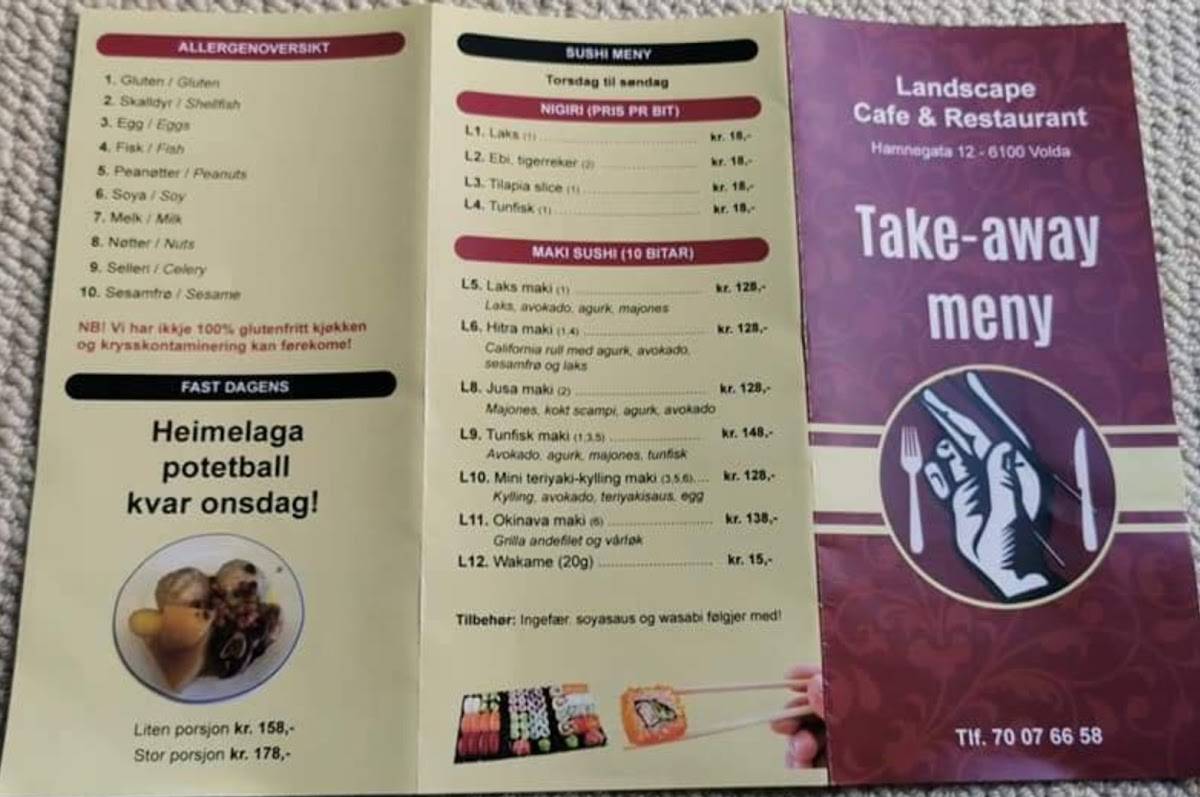 Menu at Landscape kafe AS cafeteria, Volda