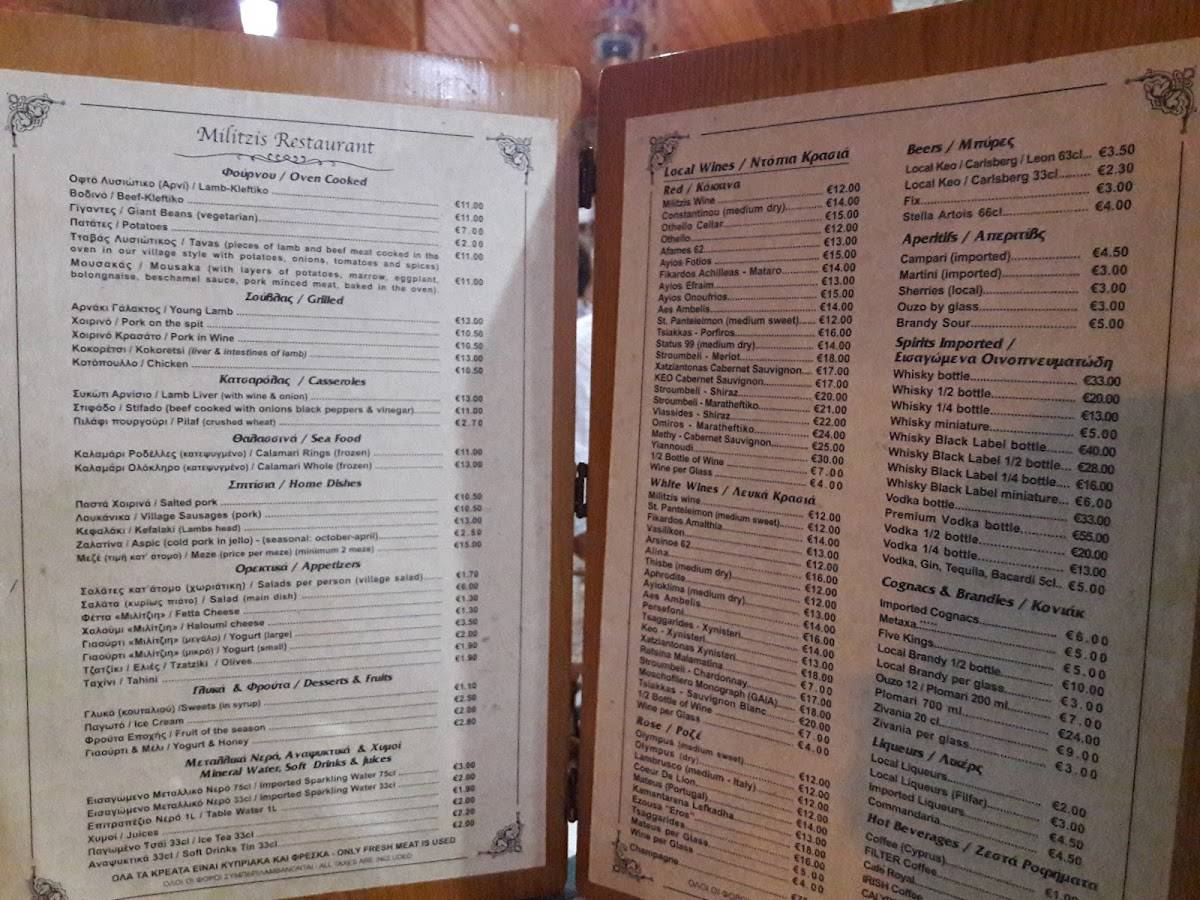 Menu at Militzis Traditional Tavern, Larnaca, WJ5Q+732