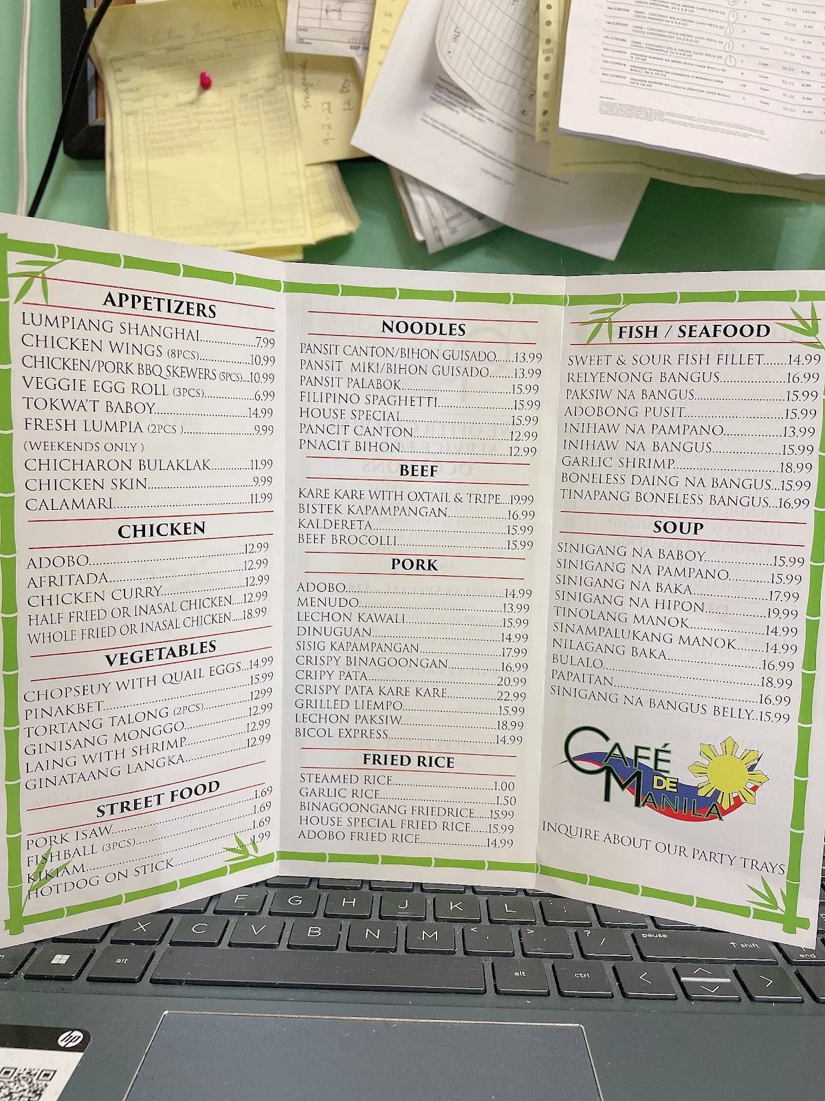 Menu at Cafe de Manila, Las Vegas