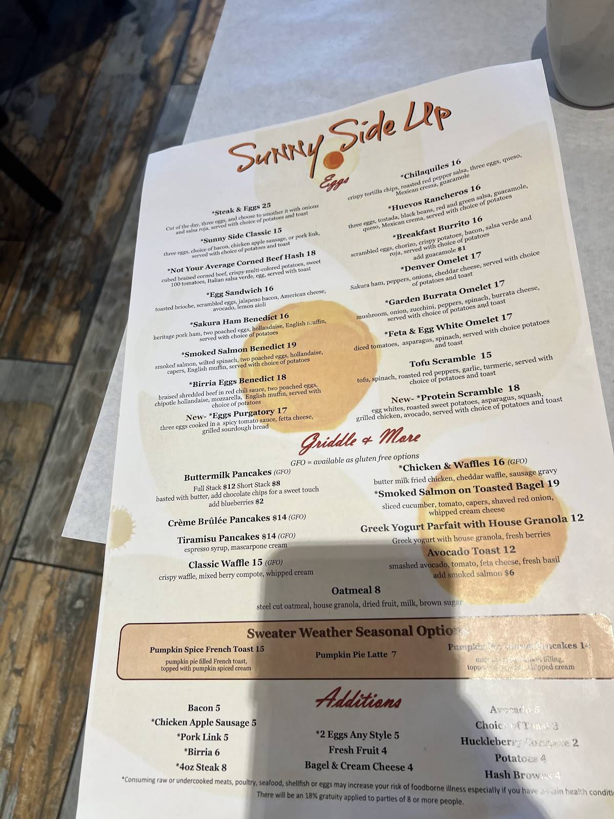 Menu at Sunny Side Up restaurant, Las Vegas, 750 S Rampart Blvd Suite 15