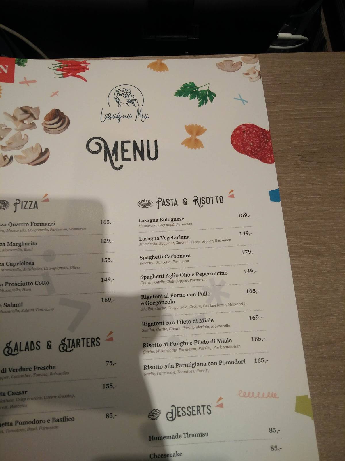 Menu at Lasagna Mia restaurant, Prague