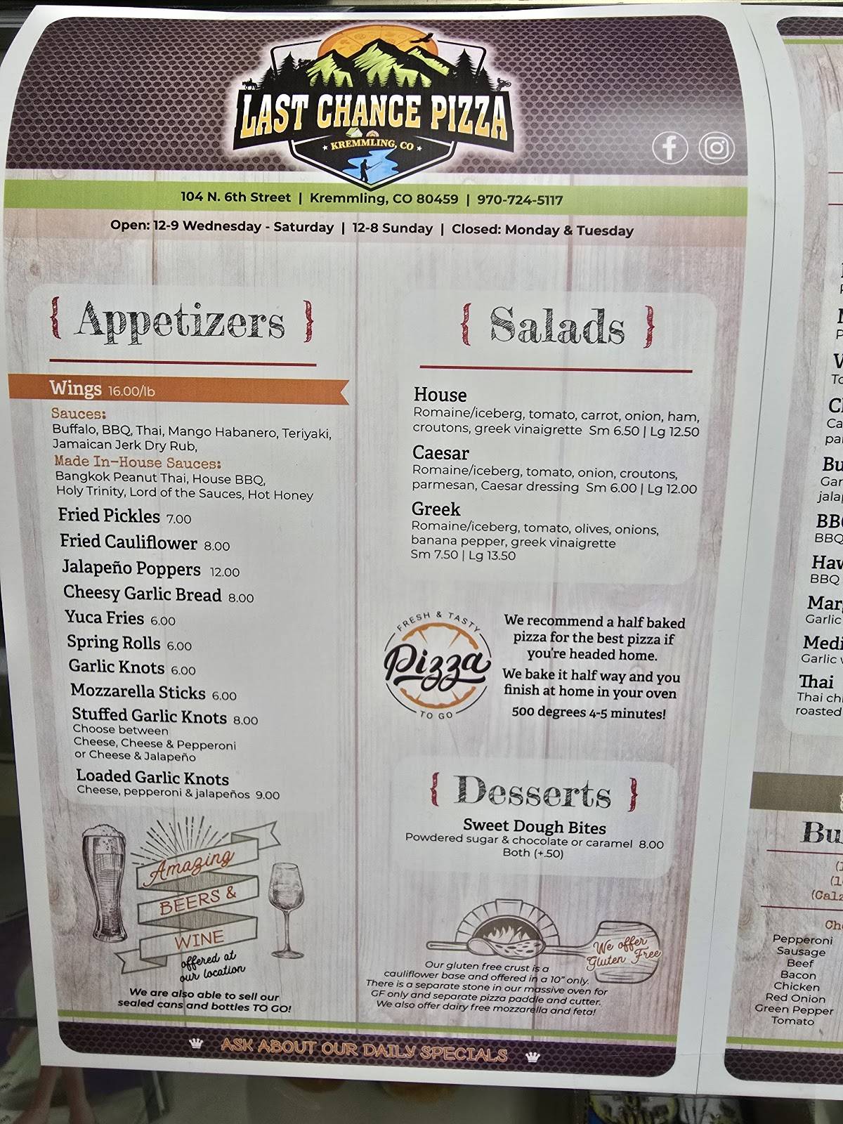 Menu at Last Chance Pizza Kremmling pizzeria, Kremmling