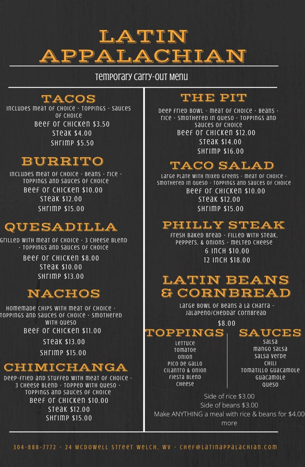 Menu at Latin Appalachian restaurant, Welch